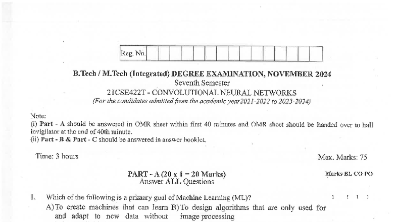 21CSE422T Convolutional Neural Networks Exam Paper - Nov 2024 - Studocu