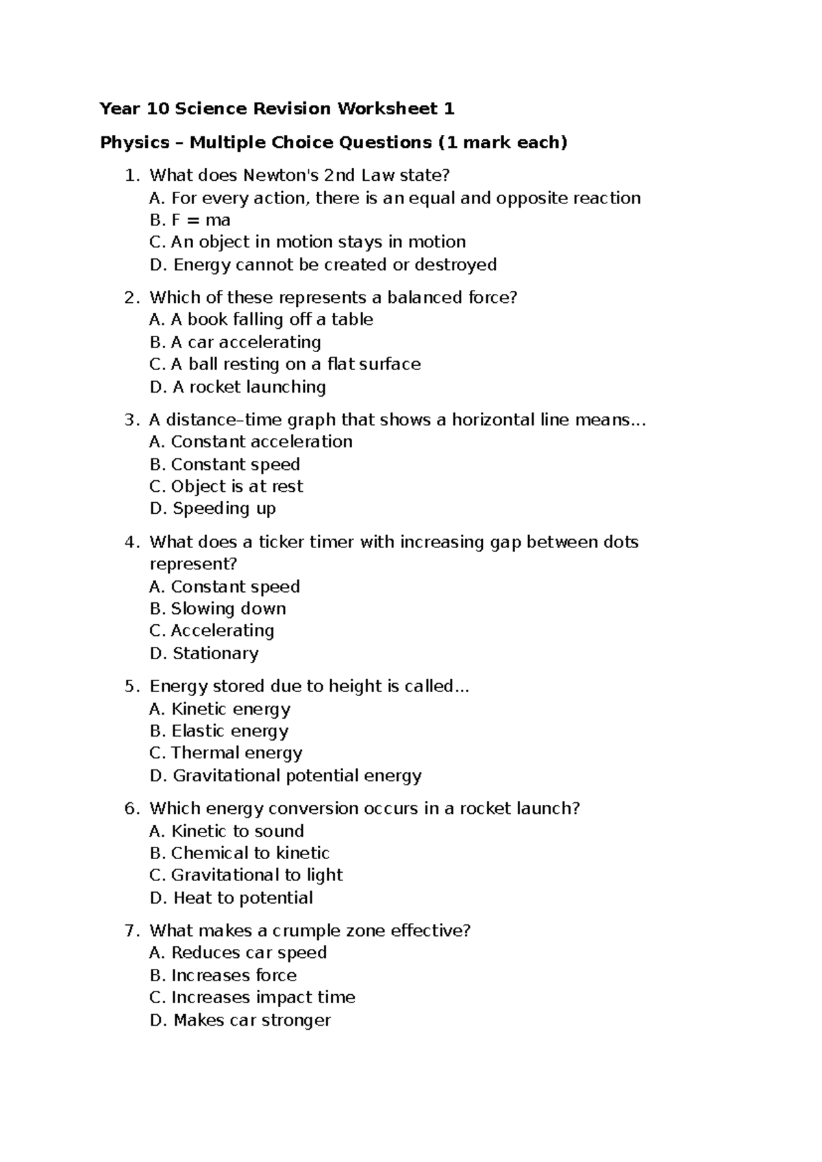 Year 10 Science Revision Worksheet 1: Physics & Chemistry MCQs and ...