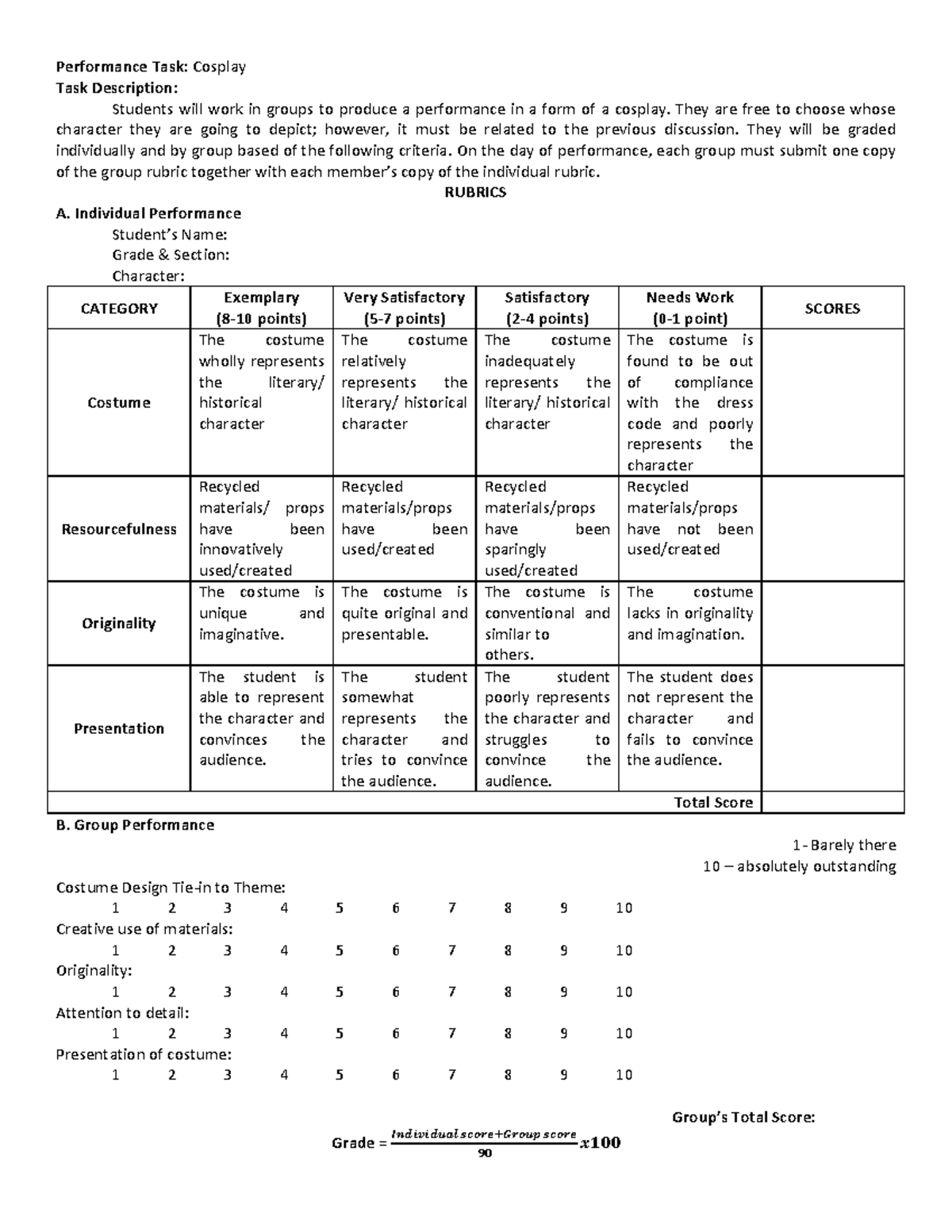 Cosplay Performance Task Rubrics: Assessment Guide for Students - Studocu