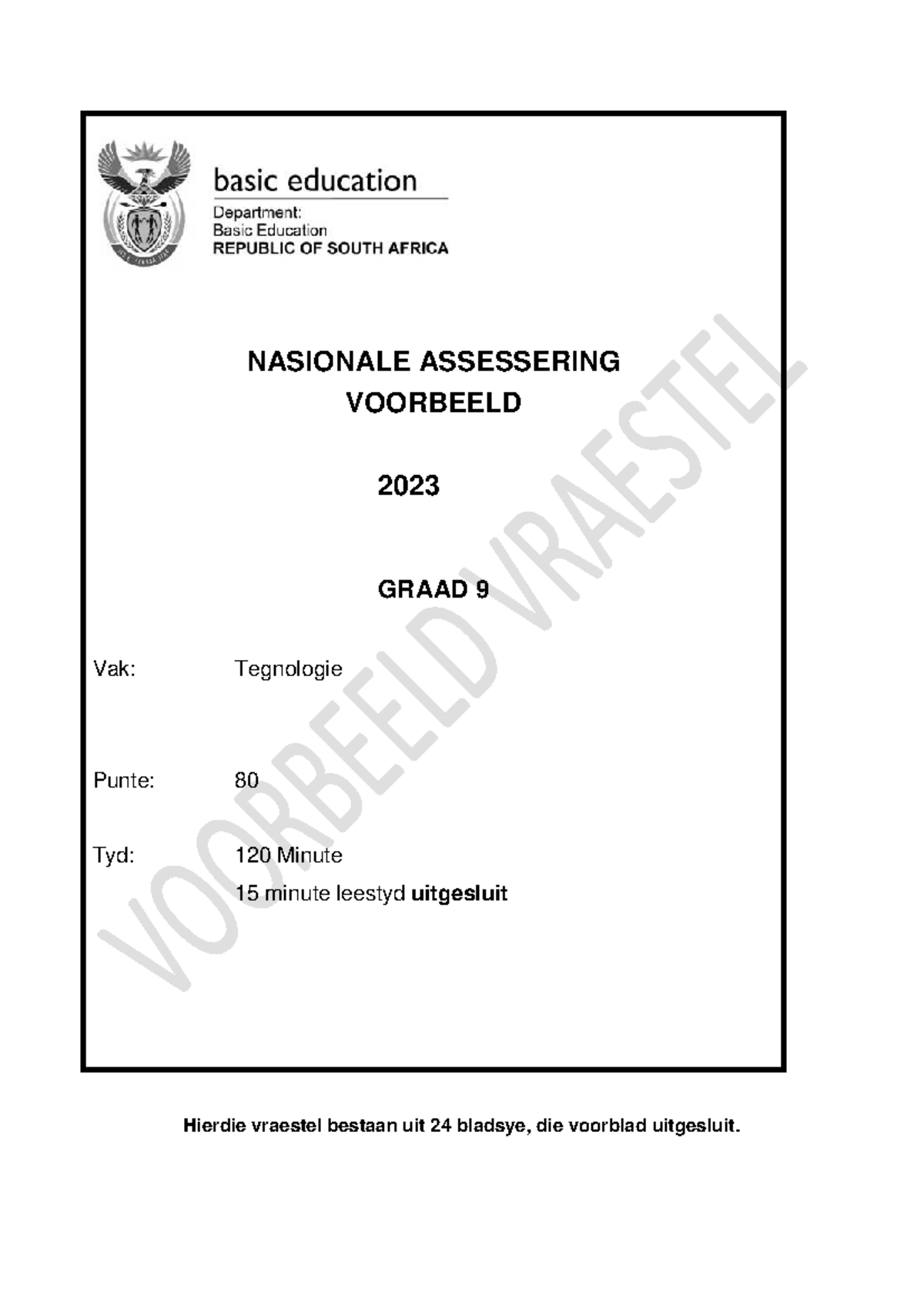 Graad 9 Tegnologie Toets: Nasionale Assessering Voorbeeld 2023 - Studocu
