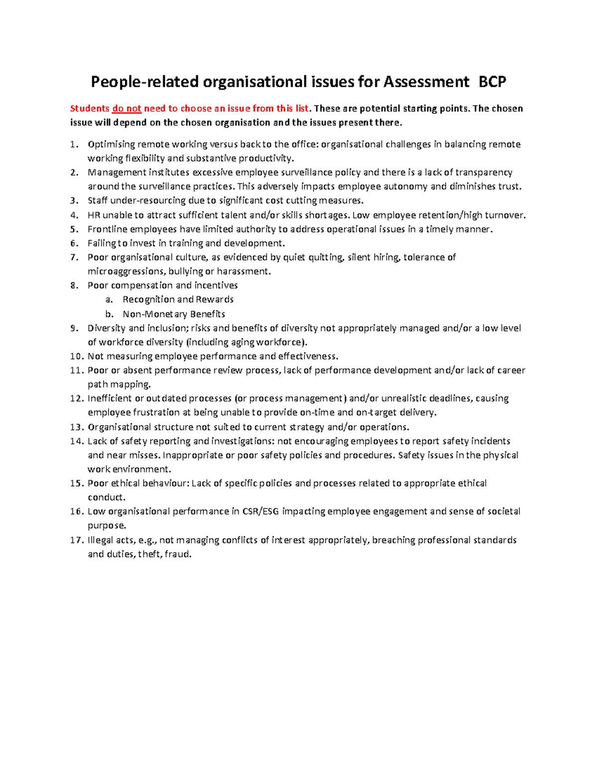 List of People-related Org Issues for Assessment BCP: Key Challenges ...