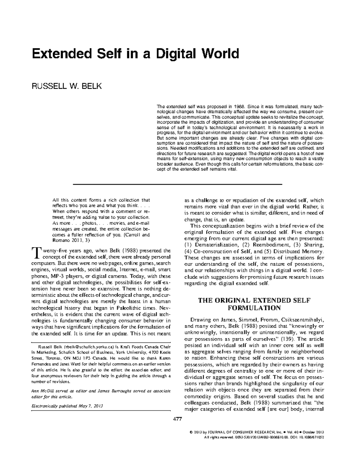 Title: Belk, R. W. (2013). Understanding the Extended Self in Digital ...