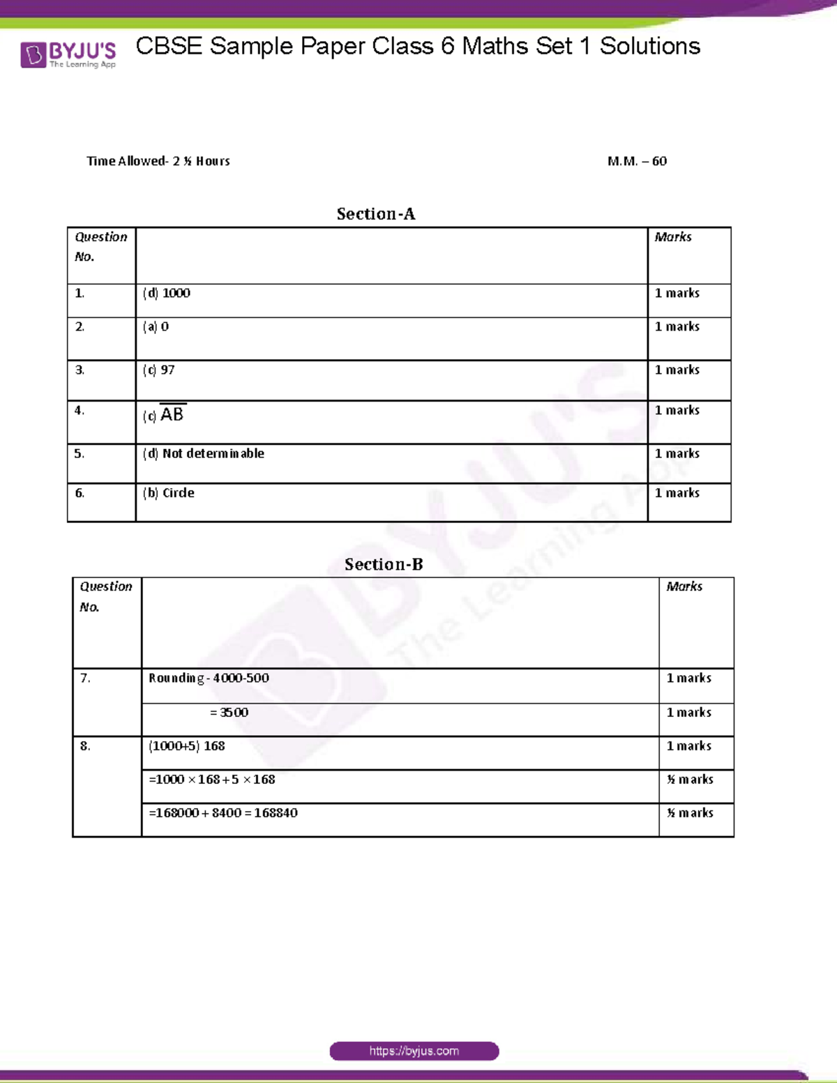 CBSE Sample Paper Class 6 Maths Set 1 Solutions - Time Allowed- 2 ½ ...