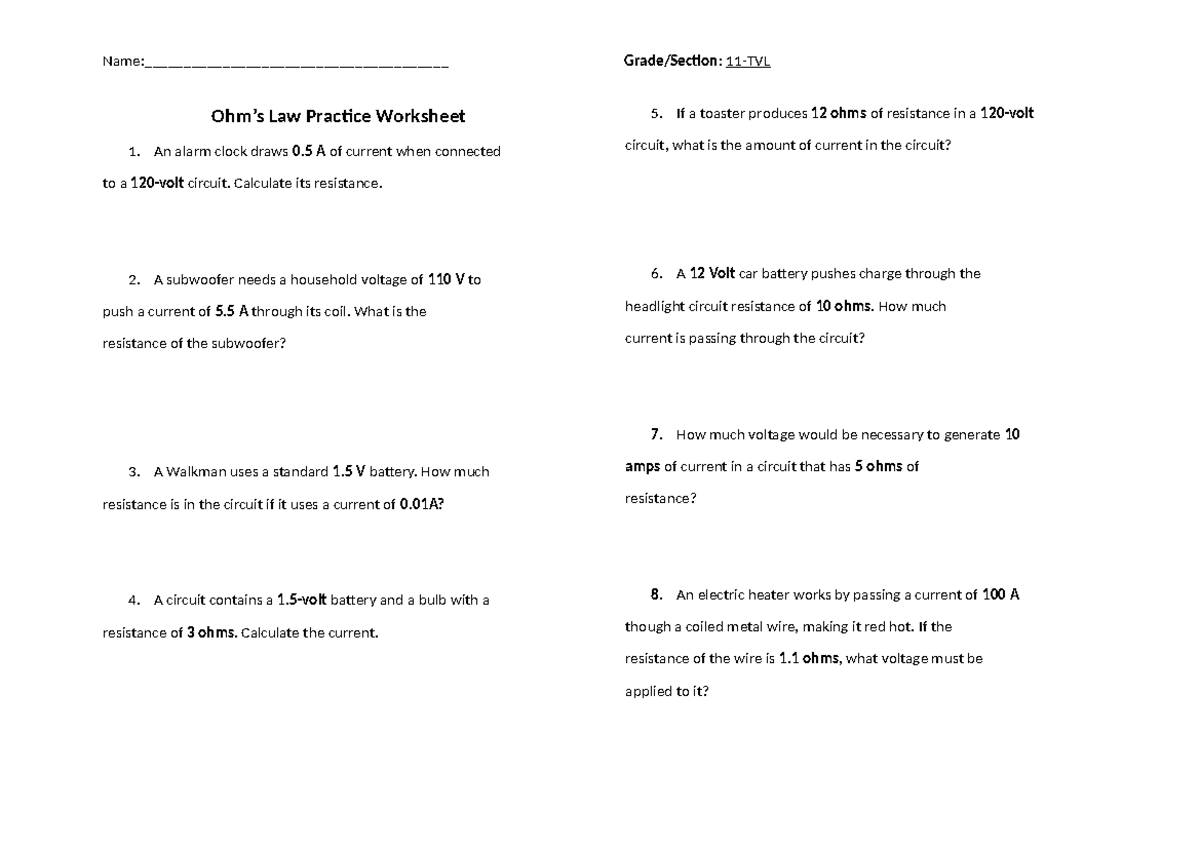 Law Practice Worksheet 1: Ohm's Law Activity and Calculations - Studocu