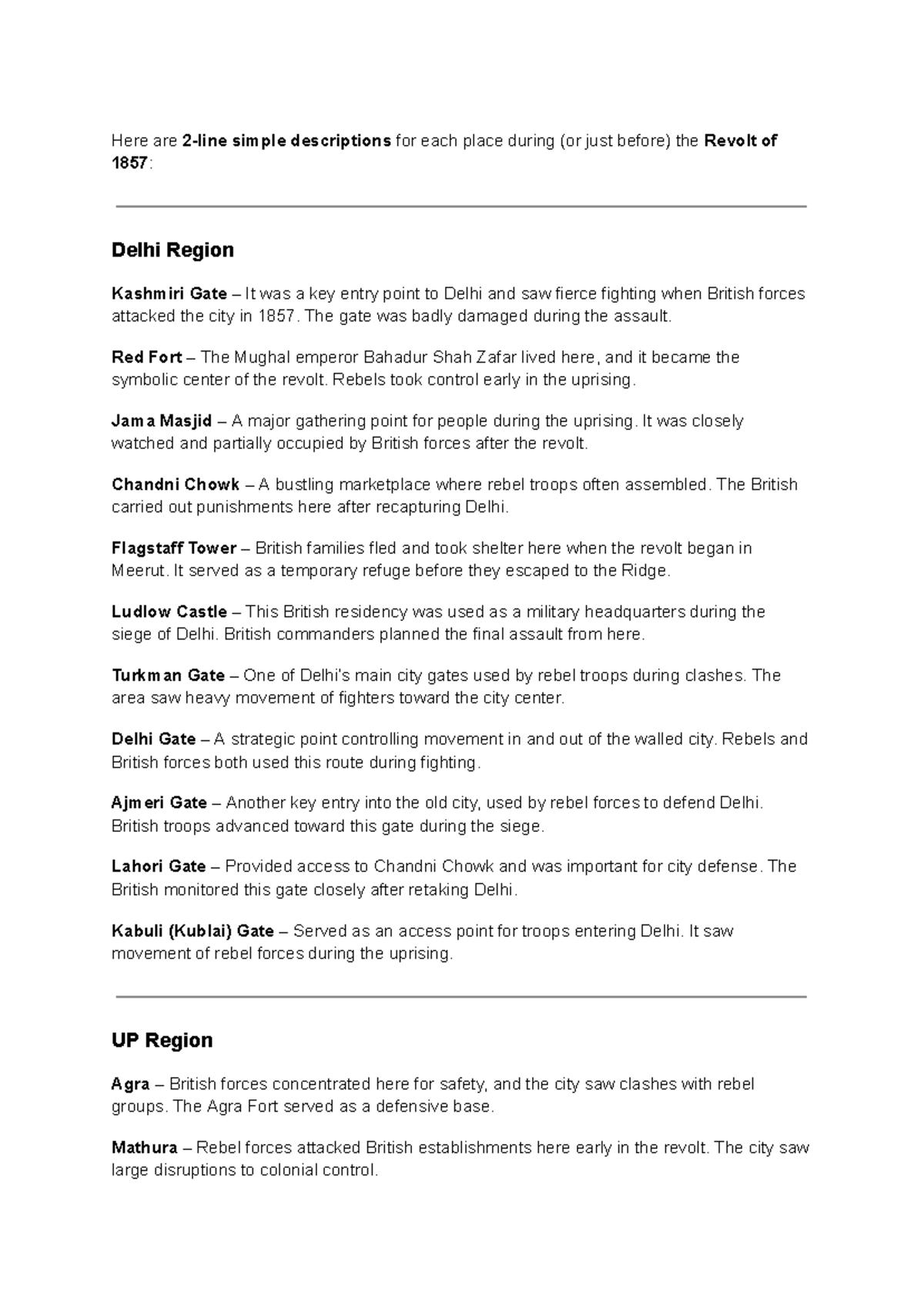 Map Test Study Material: Key Locations of the 1857 Revolt - Studocu