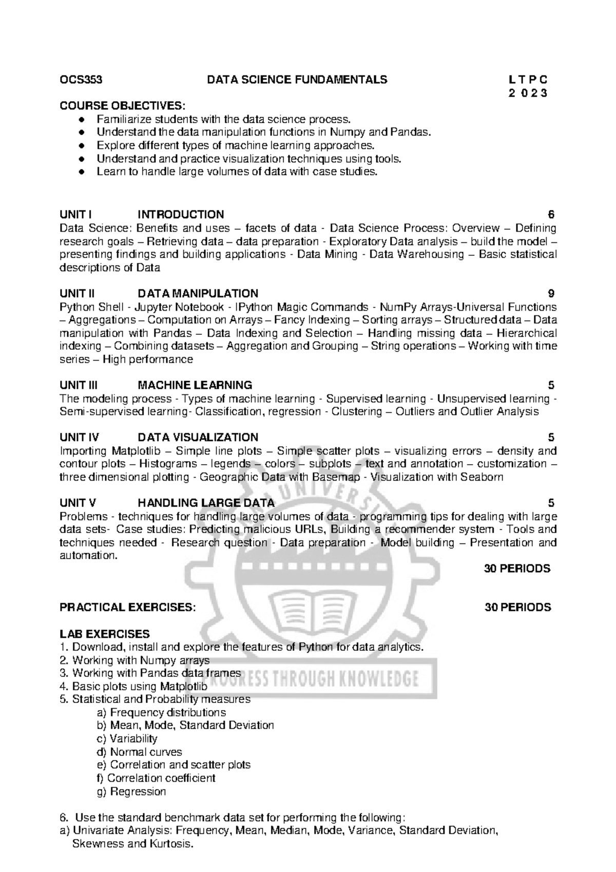 OCS353 Data Science Fundamentals Syllabus and Course Objectives - Studocu