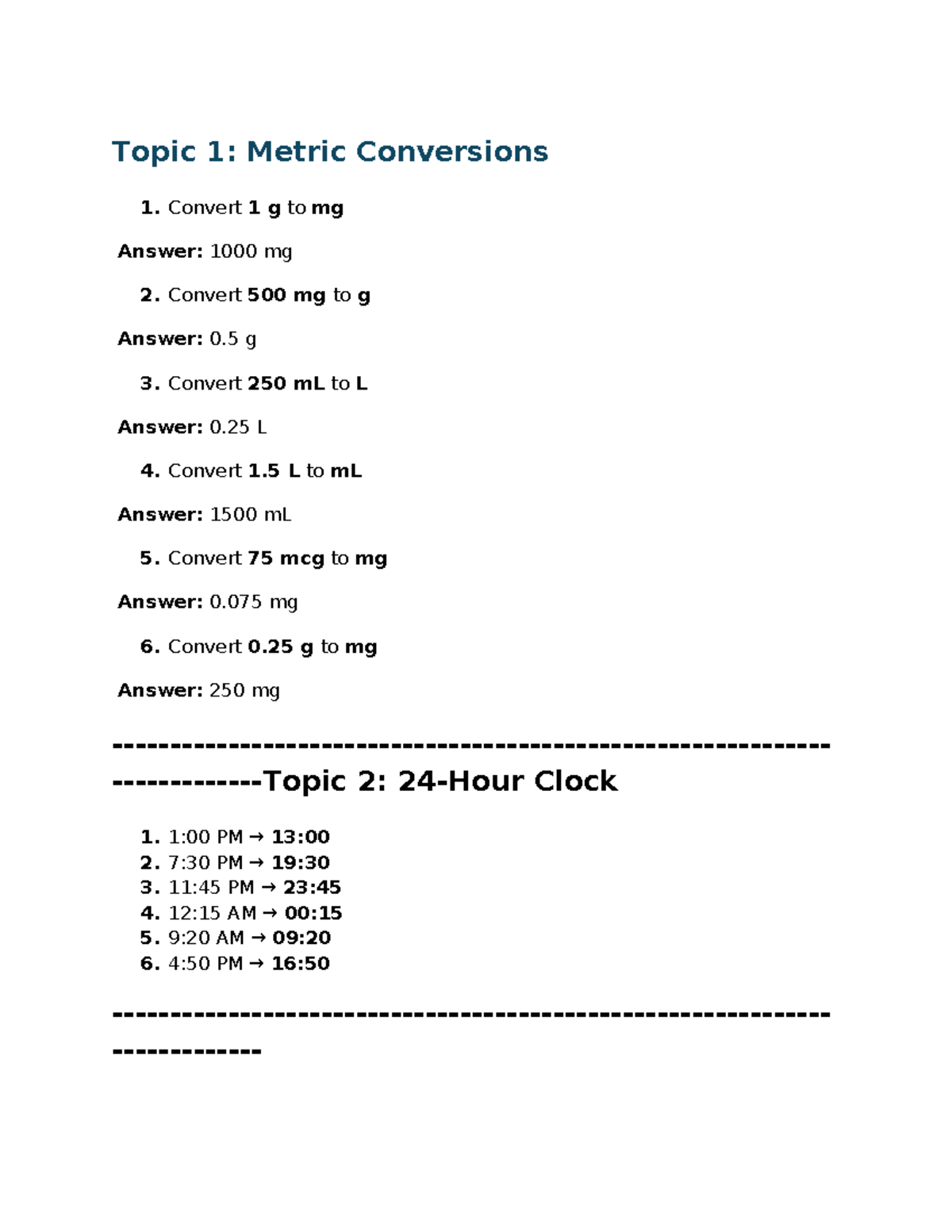 Math Test 2: Metric Conversions & Dosage Calculations - Studocu