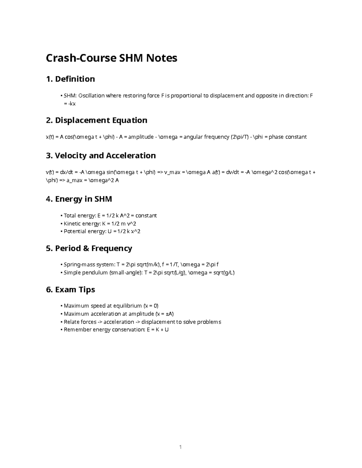 Shm Crash Course Notes - Crash-Course SHM Notes 1. Definition SHM ...