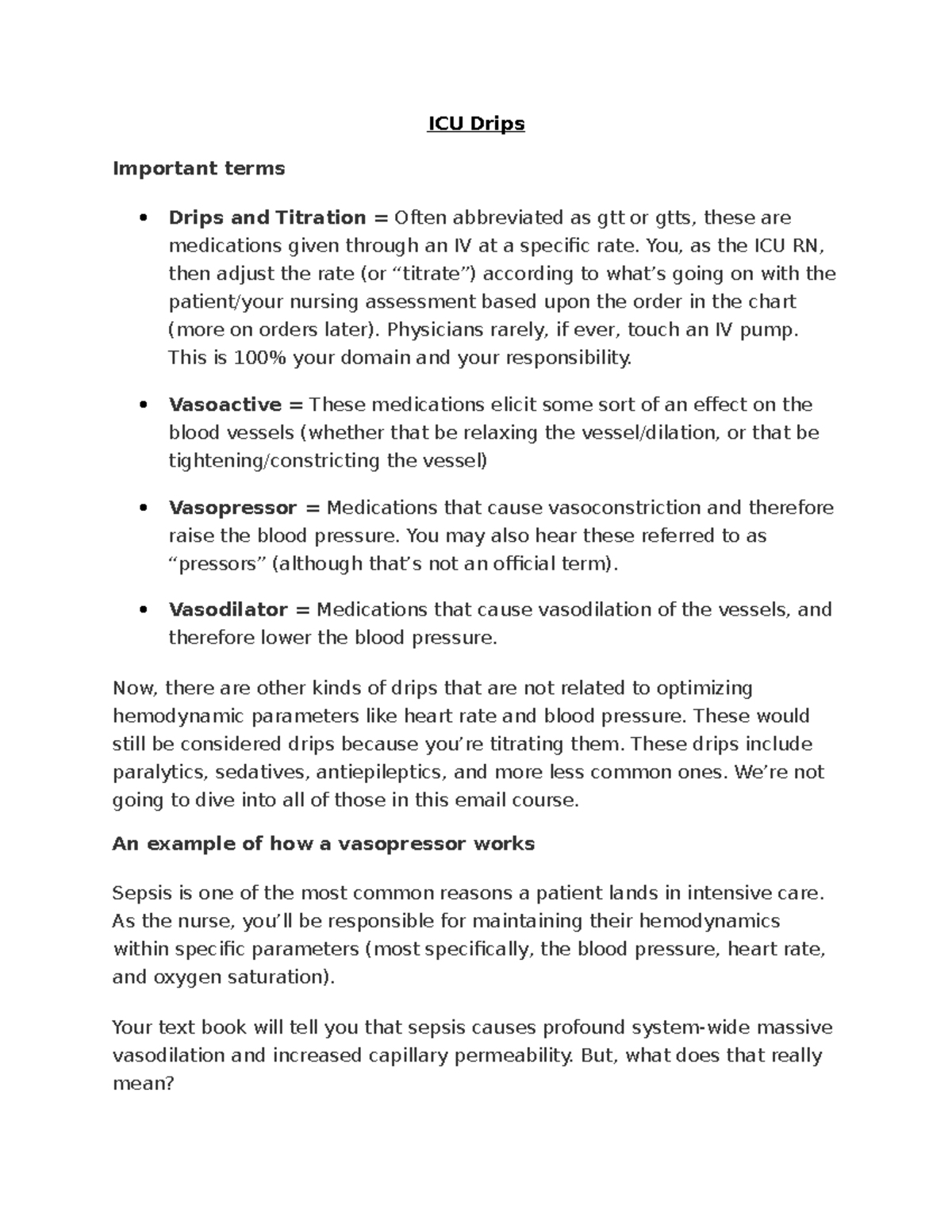 Intensive Care Unit Drips Study Guide - ICU Drips Important terms Drips ...