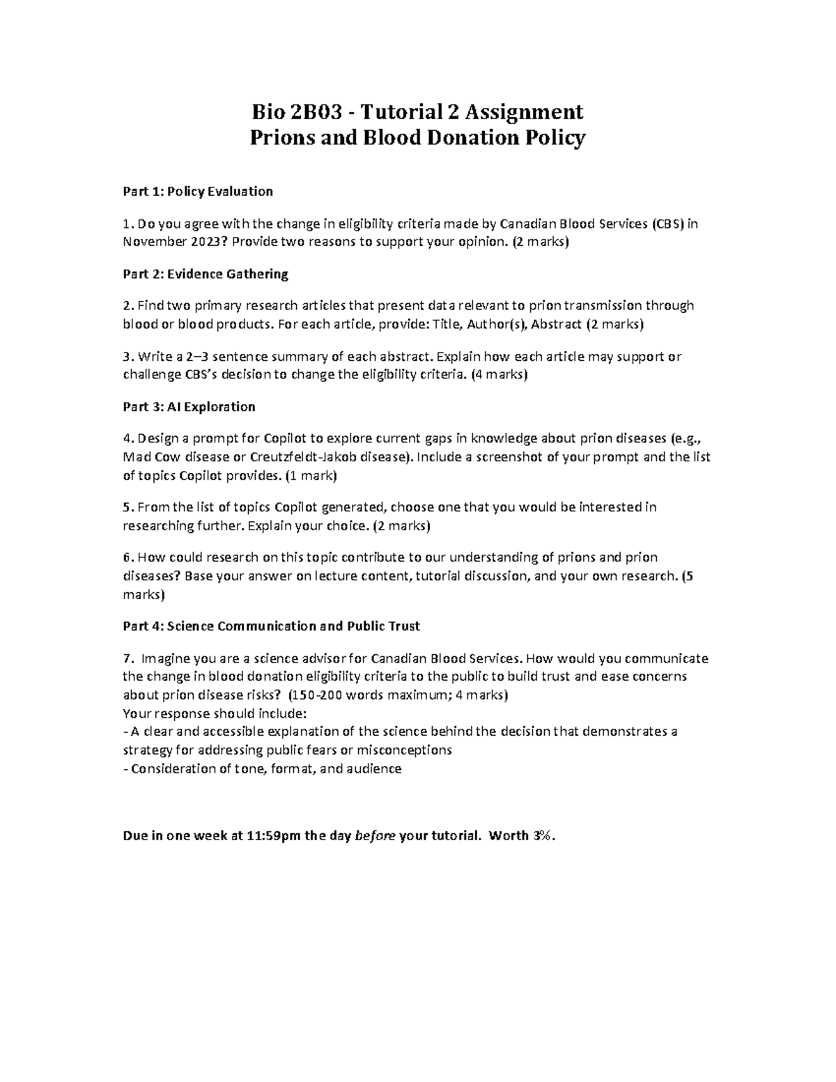 Bio 2B03 Tutorial 2 Assignment: Prions & Blood Donation Policy Evaluation - Studocu
