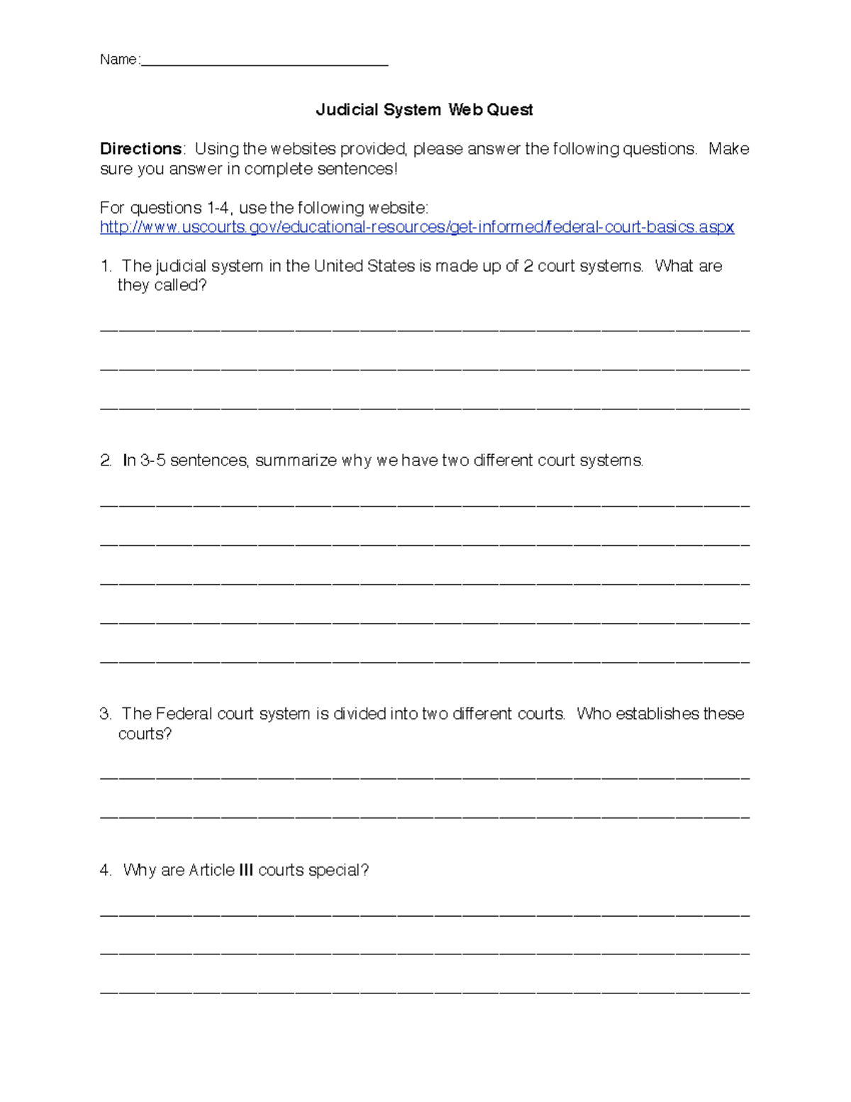 Judicial System Web Quest (CIVICS 101) - Questions & Answers Guide ...