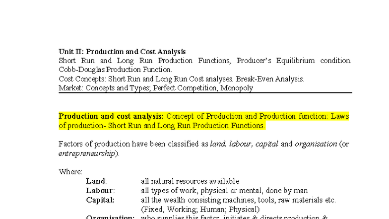 Unit II: Production & Cost Analysis - Short Run & Long Run Functions ...