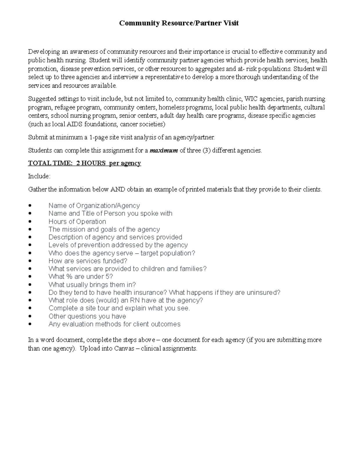 Community Resource Partner Visit Assignment (Nursing Course) - Studocu