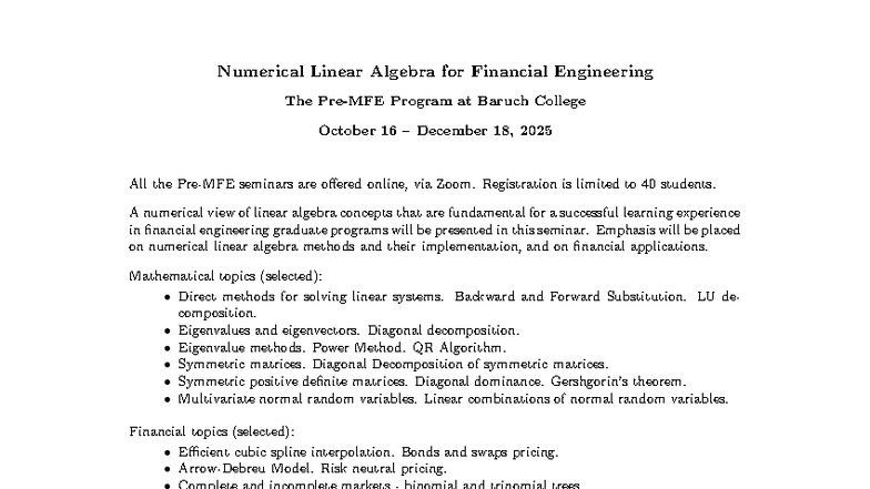 Numerical Linear Algebra for Financial Engineering (Pre-MFE NLA ...