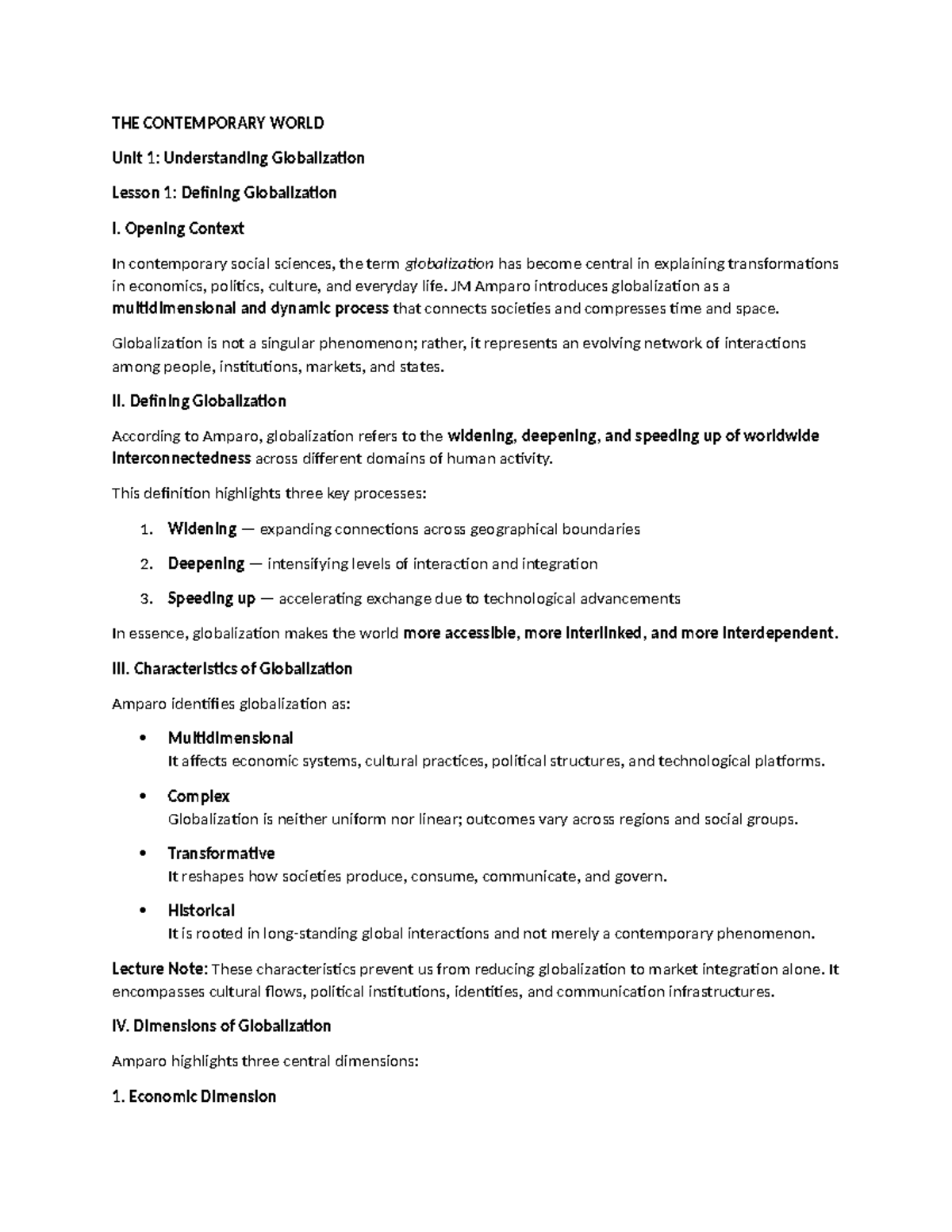 THE CONTEMPORARY WORLD Unit 1: Understanding Globalization Lecture ...