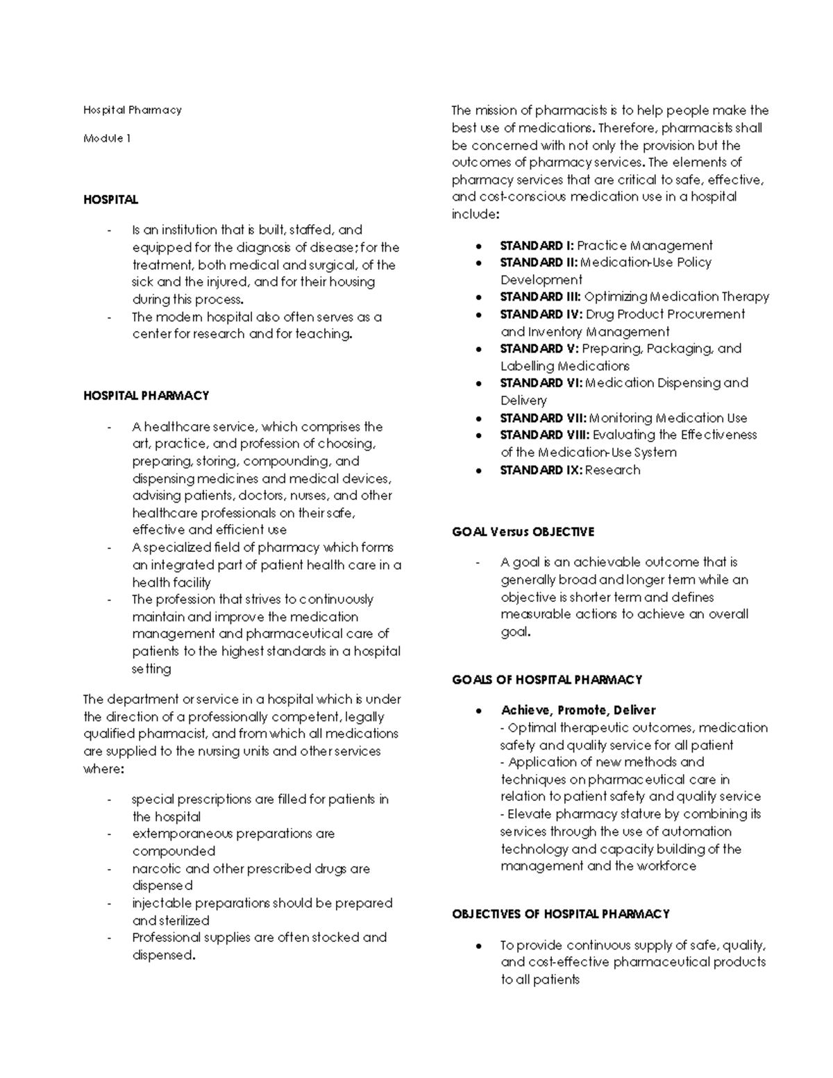 Hospital Pharmacy Lecture Notes - Module 1 Overview - Studocu