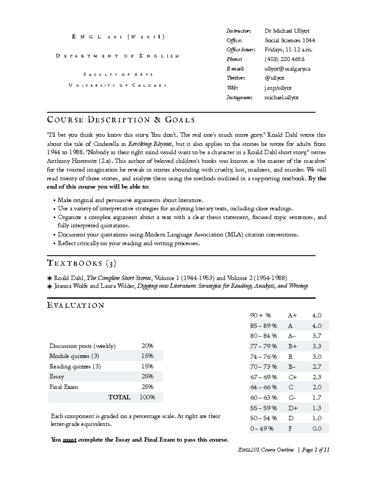 ENGL 201 Course Outline: Analyzing Roald Dahl's Short Stories (W2018 ...