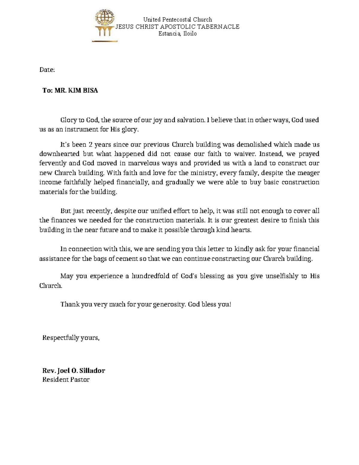 Church Construction Funding Request Letter - Studocu