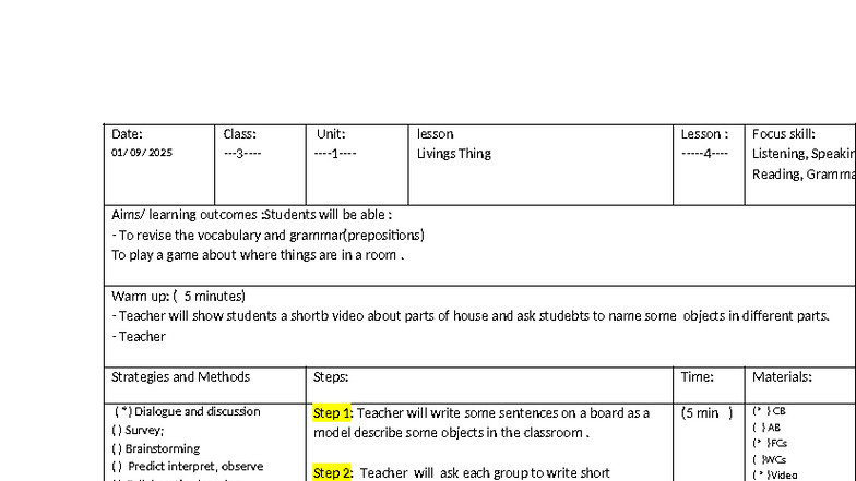 ENG101: Lesson Plan on Living Things - Focus on Listening & Speaking ...