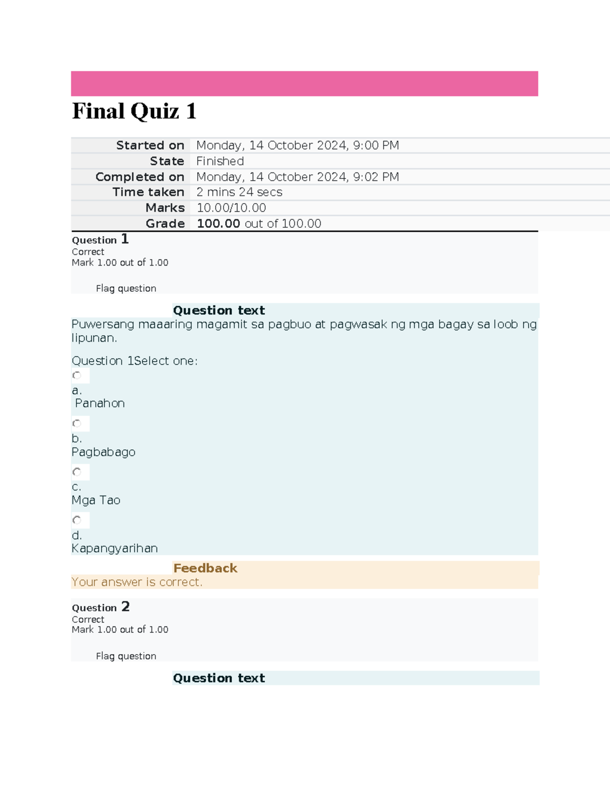 Final Quiz 1 & 2 - Final Quiz 1 Started on Monday, 14 October 2024, 9:00 PM State Finished ...