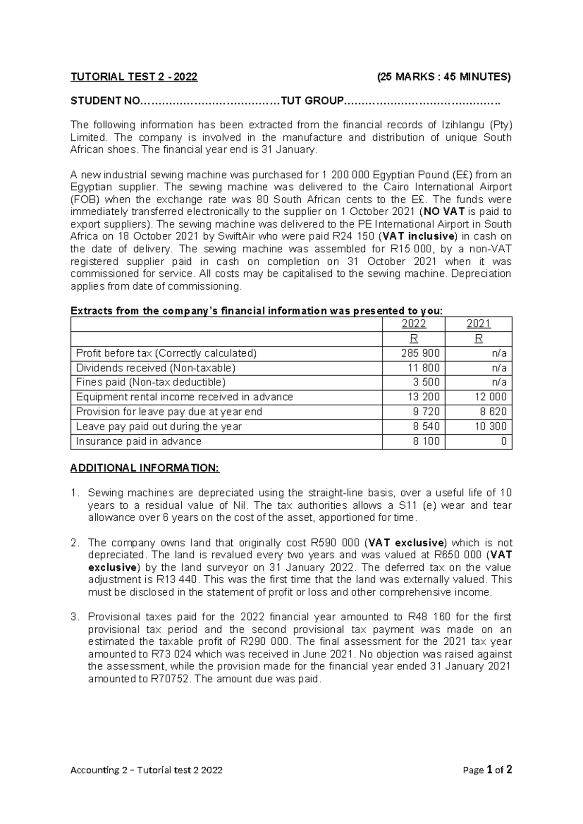 Tutorial test 2 2022 - ACCOUNTING - TUTORIAL TEST 2 - 2022 (25 MARKS ...
