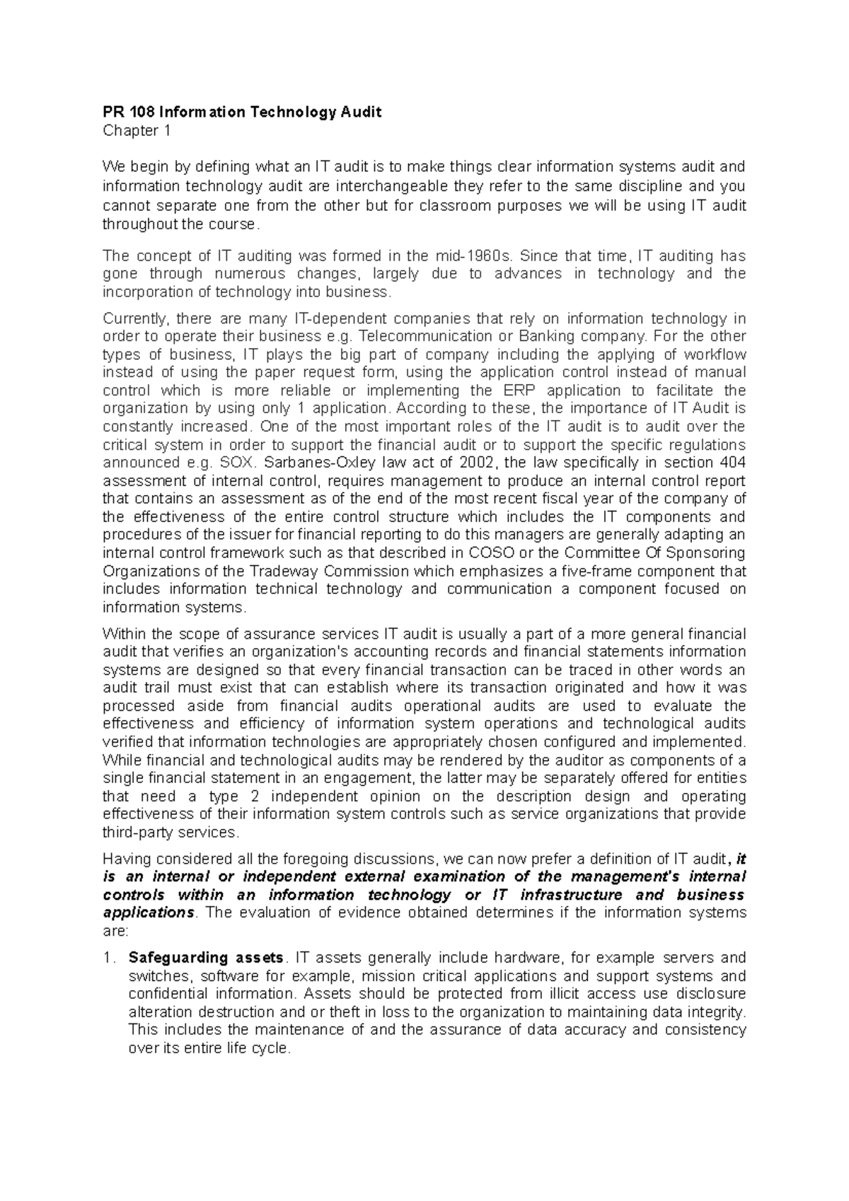 PR 108 Information Technology Audit - Chapter 1 Overview and Key ...