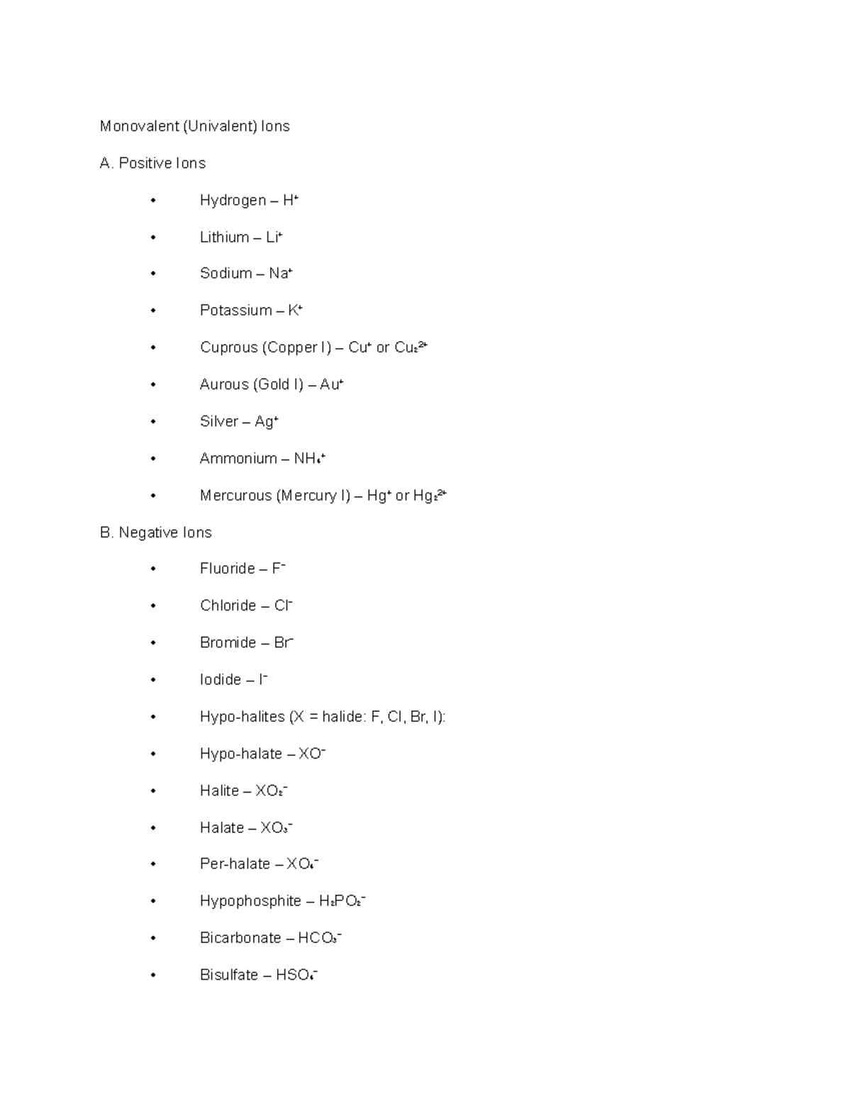 Pha612 valence - notes - Monovalent (Univalent) Ions A. Positive Ions ...