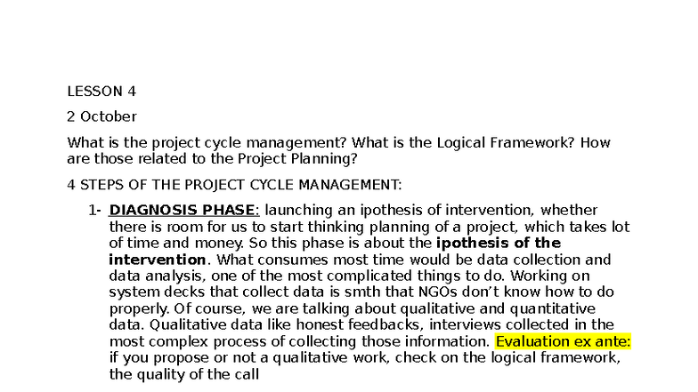 Lesson 4: Project Cycle Management & Logical Framework Overview - Studocu