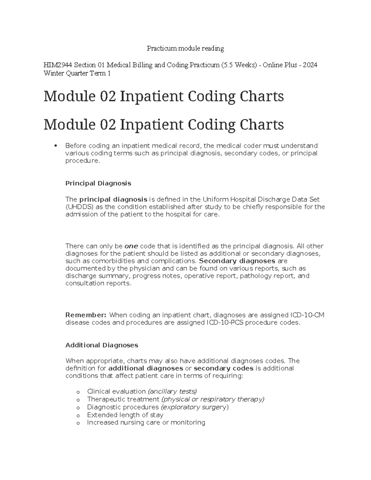 HIM2944 Final Exam Notes: Inpatient Coding Overview for Practicum - Studocu
