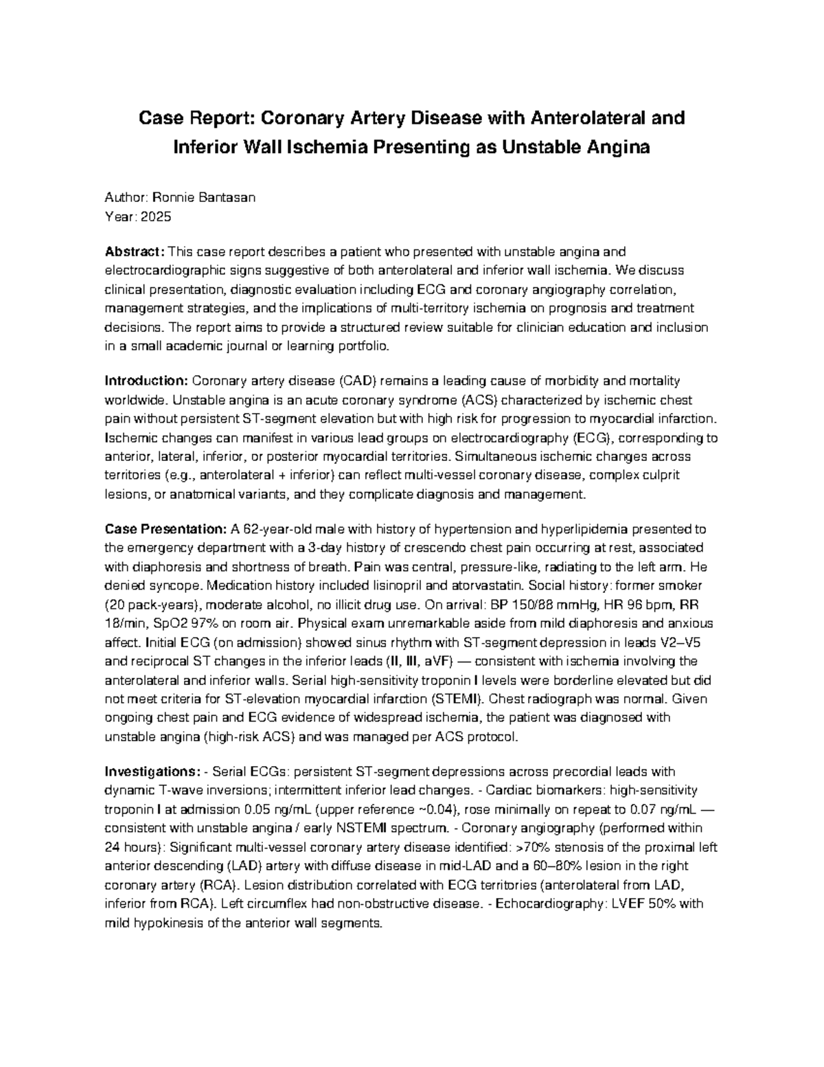 CAD Case Report: Anterolateral & Inferior Wall Ischemia in Unstable ...