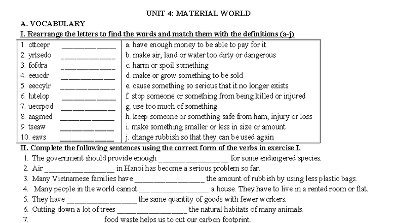 UNIT 4: MATERIAL WORLD - Vocabulary & Exercises (Friend Plus 8) - Studocu