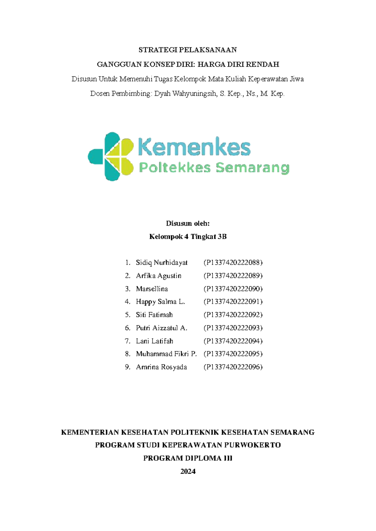 SP HDR KEL 4 3B - Strategi Pelaksanaan Tindakan Keperawatan Harga Diri ...