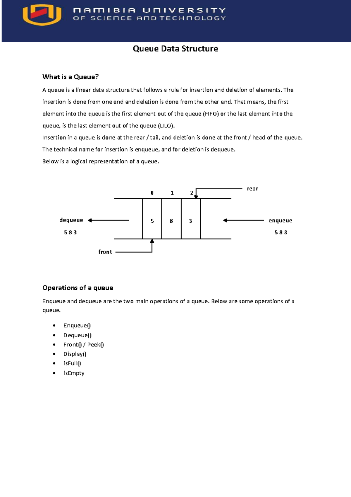 Queue Data Structure: Ops, Impl, & Apps Overview - Studocu