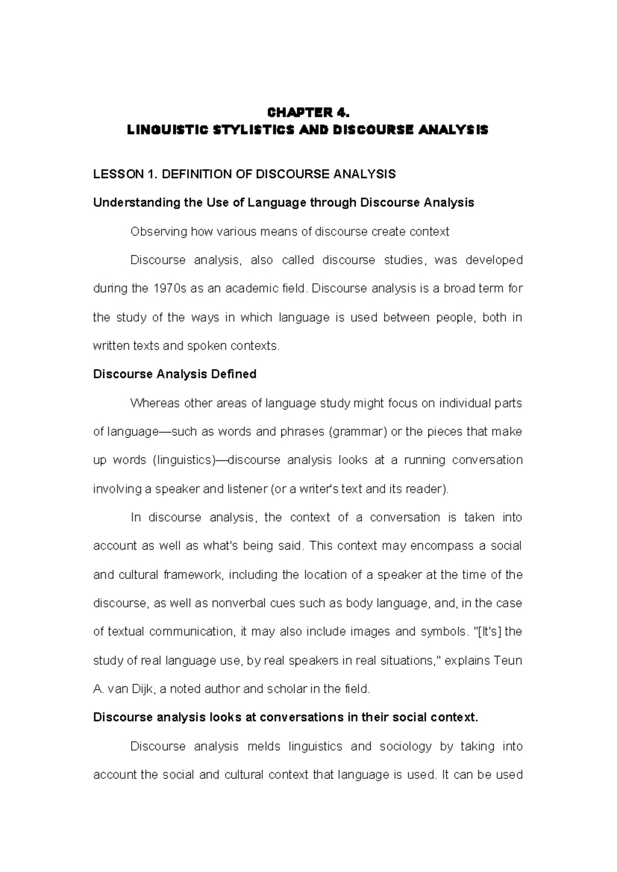Linguistic Stylistics & Discourse Analysis: Elective 4 Notes - Studocu