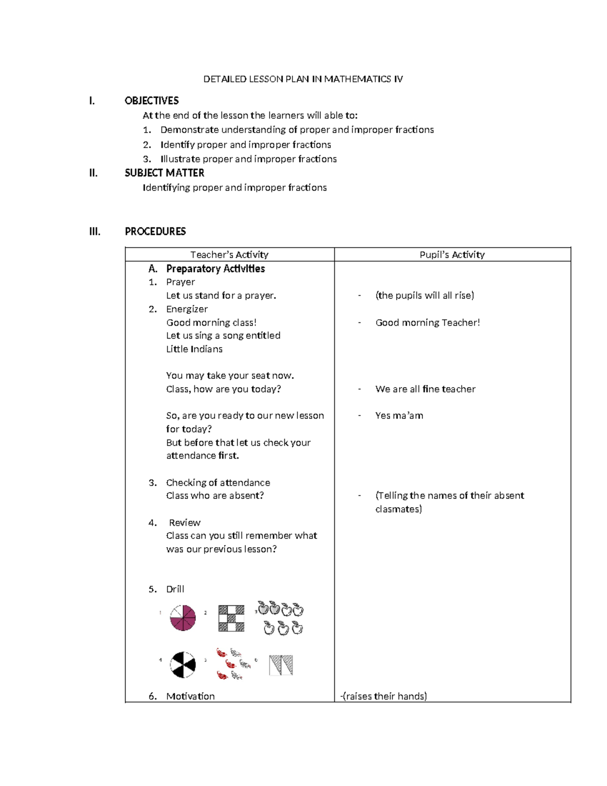 Detailed Lesson Plan in Math IV: Proper and Improper Fractions - Studocu