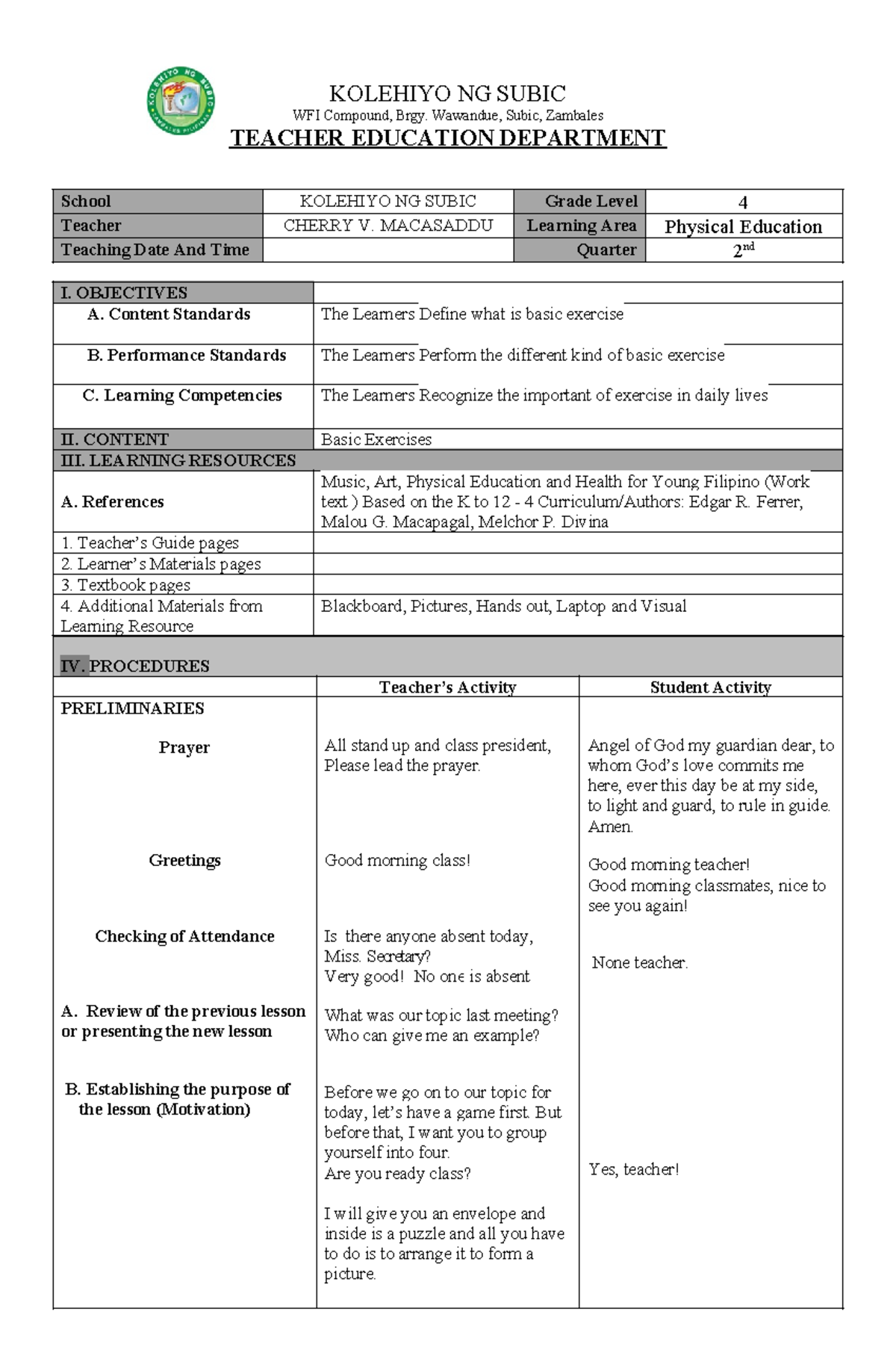 Lesson Plan for Grade 4 PE: Basic Exercises (TE-EDU 101) - Studocu