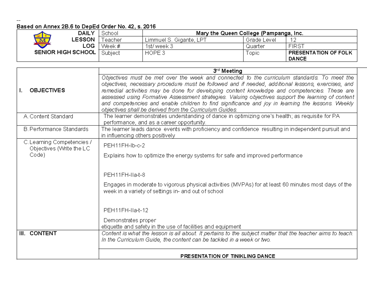 DLL-HSD HOPE 3 WEEK 3 Lesson Plan on Tinikling Dance - Studocu