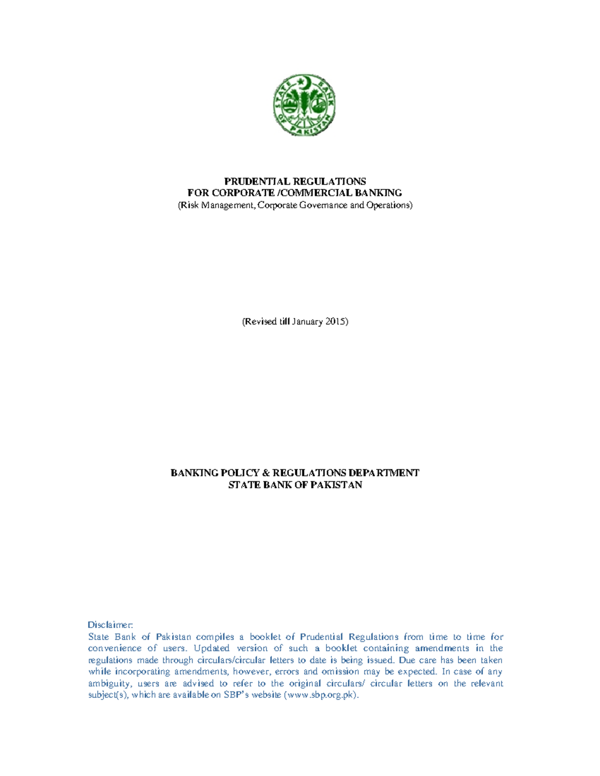 SBP Prudential Regulations for Corporate Banking (Revised 2015) - Studocu