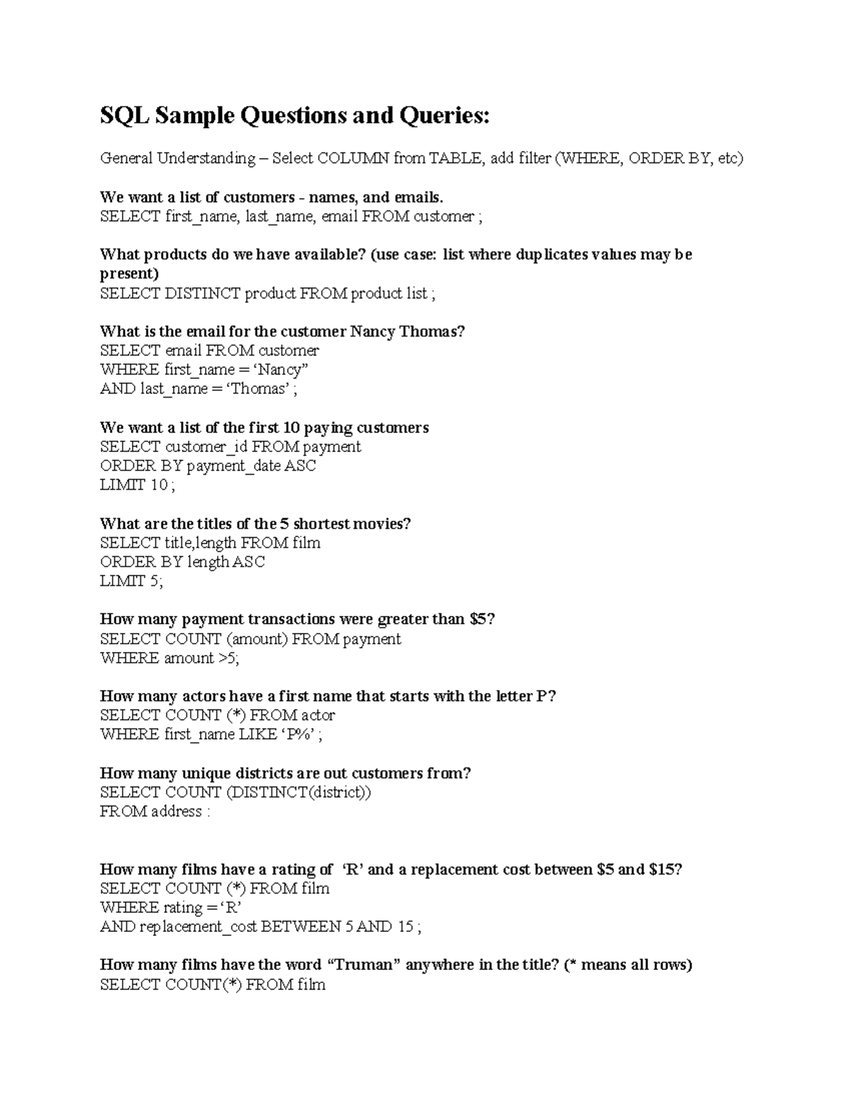 SQL Sample Questions and Queries - SQL Sample Questions and Queries ...