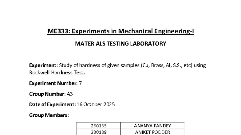 ME333 E7 A3 - Rockwell Hardness Test Lab Report on Metals - Studocu