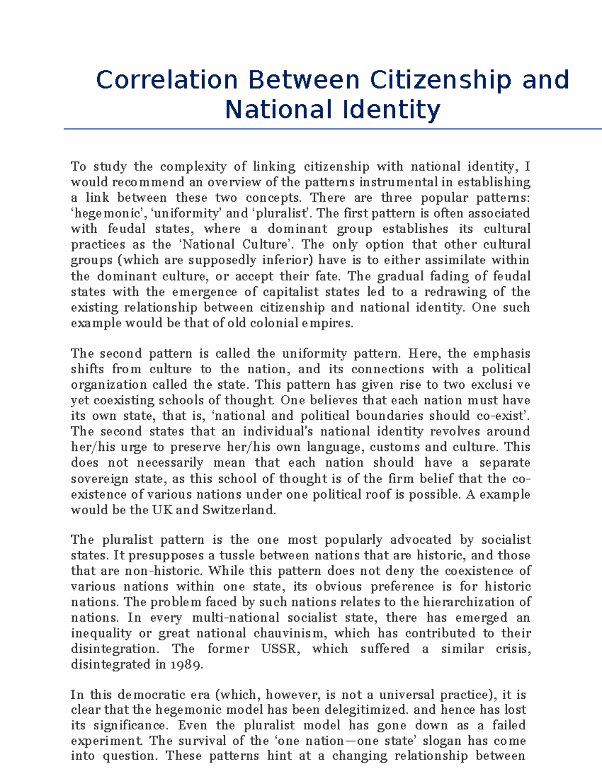 Correlation Between Citizenship and National Identity - There are three ...