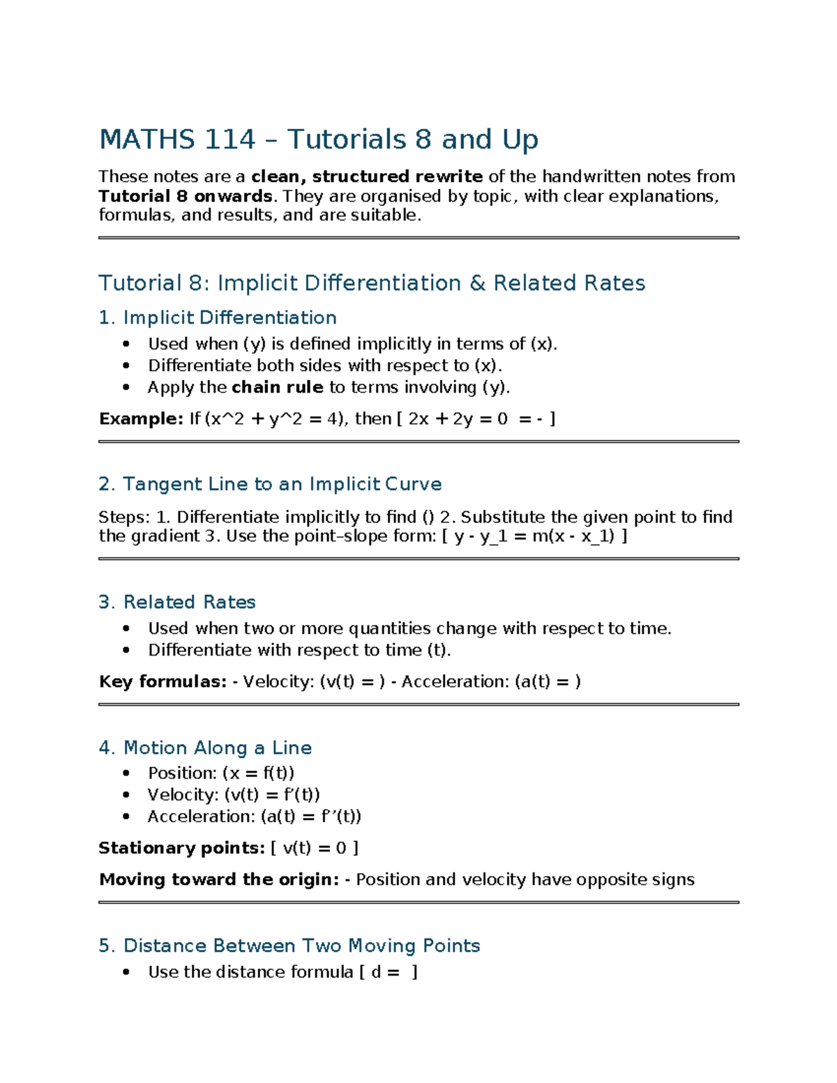 MATHS 114 Tutorial Notes: Implicit Differentiation & Optimization - Studocu