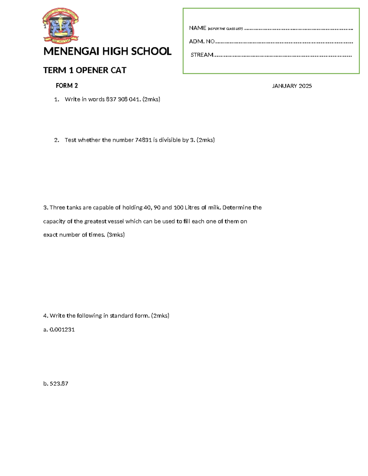 Opener CAT F2 Term 1 Exam 2025 - Menengai High School - Studocu