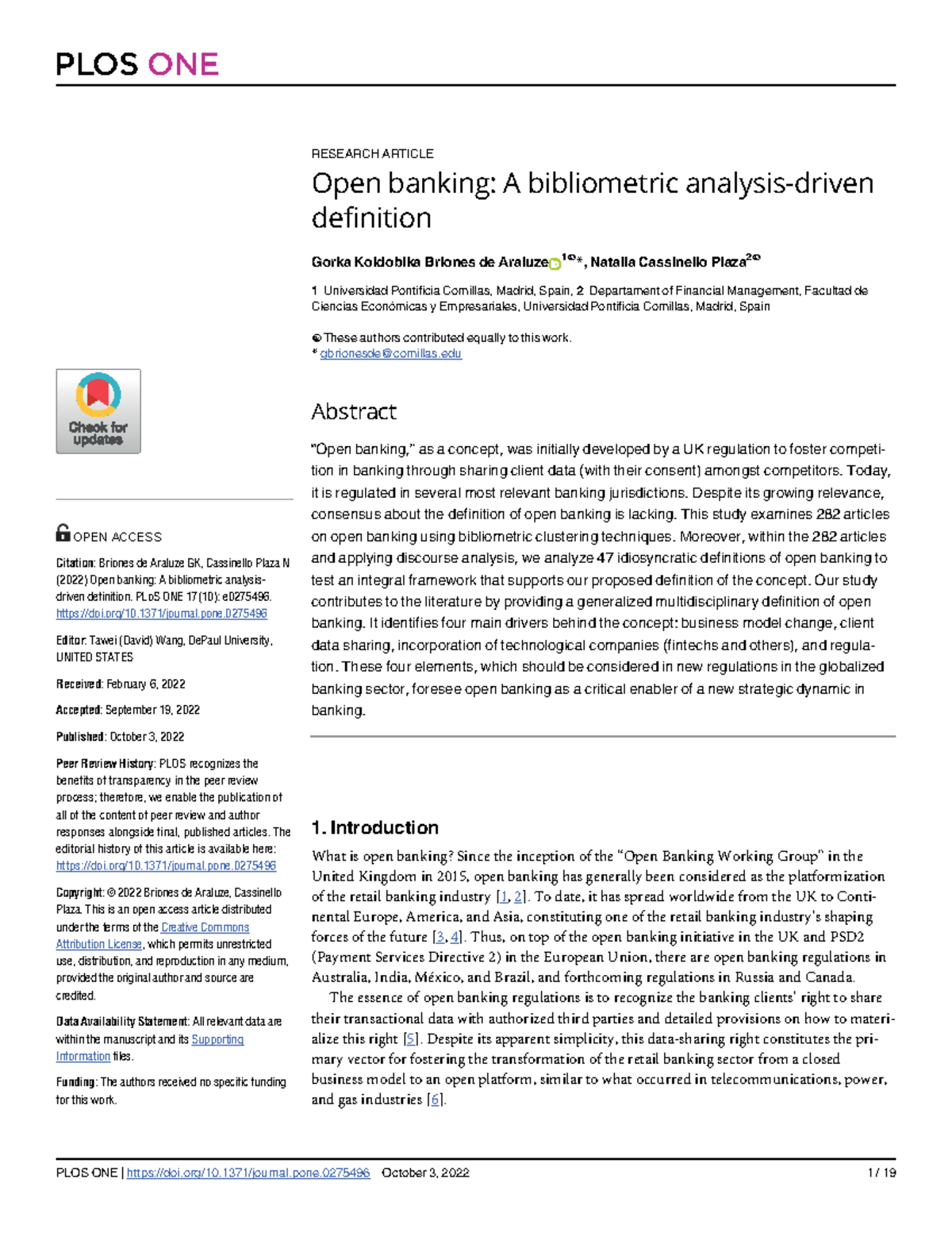 Open Banking: A Bibliometric Analysis and Definition (PLOS ONE) - Studocu