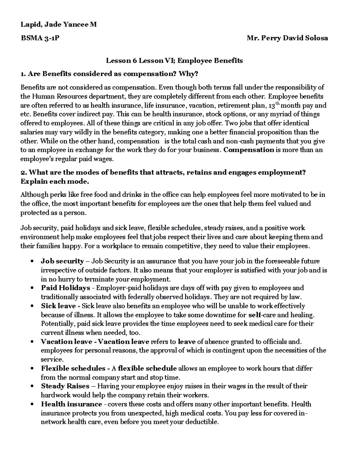 BSMA 3-1P Lesson VI: Comprehensive Review of Employee Benefits - Studocu