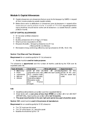 Cap allowances summary - Allowances Important info Write off period ...