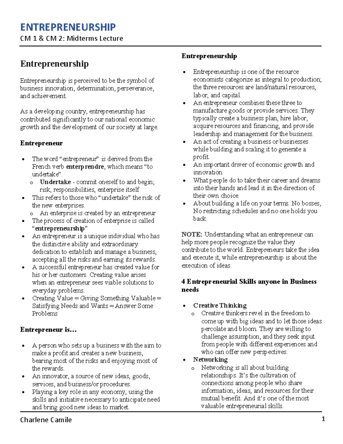 Entrepreneurship (CM 1 & CM 2): Midterm Exam Study Notes - Studocu