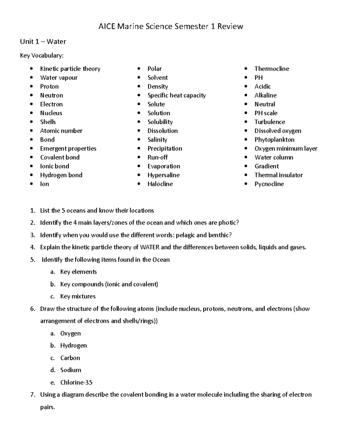 AICE Marine Science Semester 1 Review - AICE Marine Science Semester 1 ...