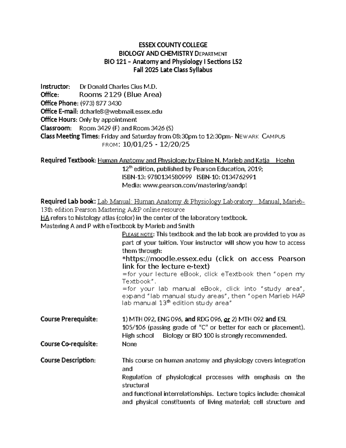 ECC-BIO 121 LS2 - Updated Late Class Syllabus for Fall 2025 - Studocu