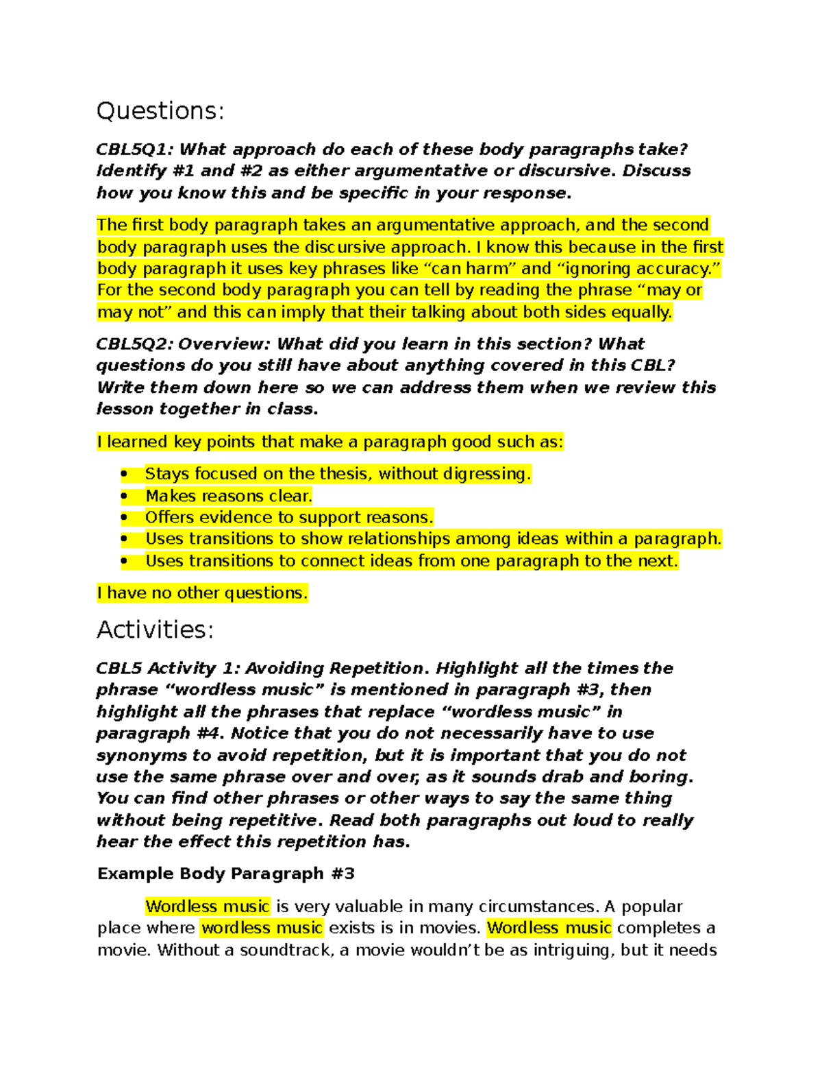 Coursebook CBL5: Body Paragraphs & Transition Strategies Notes - Studocu